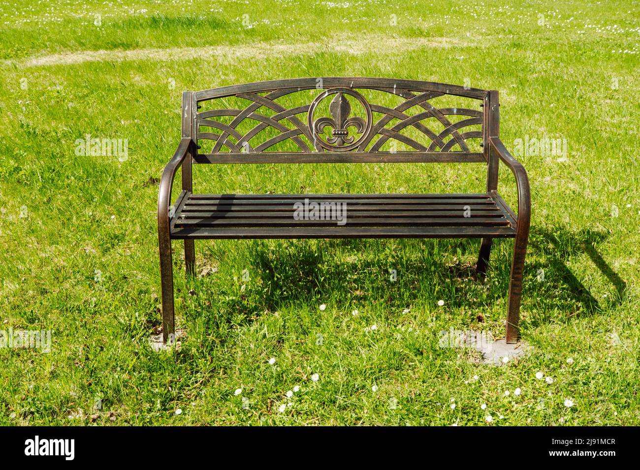 view of a decorative metal garden bench. green spring grass Stock Photo ...
