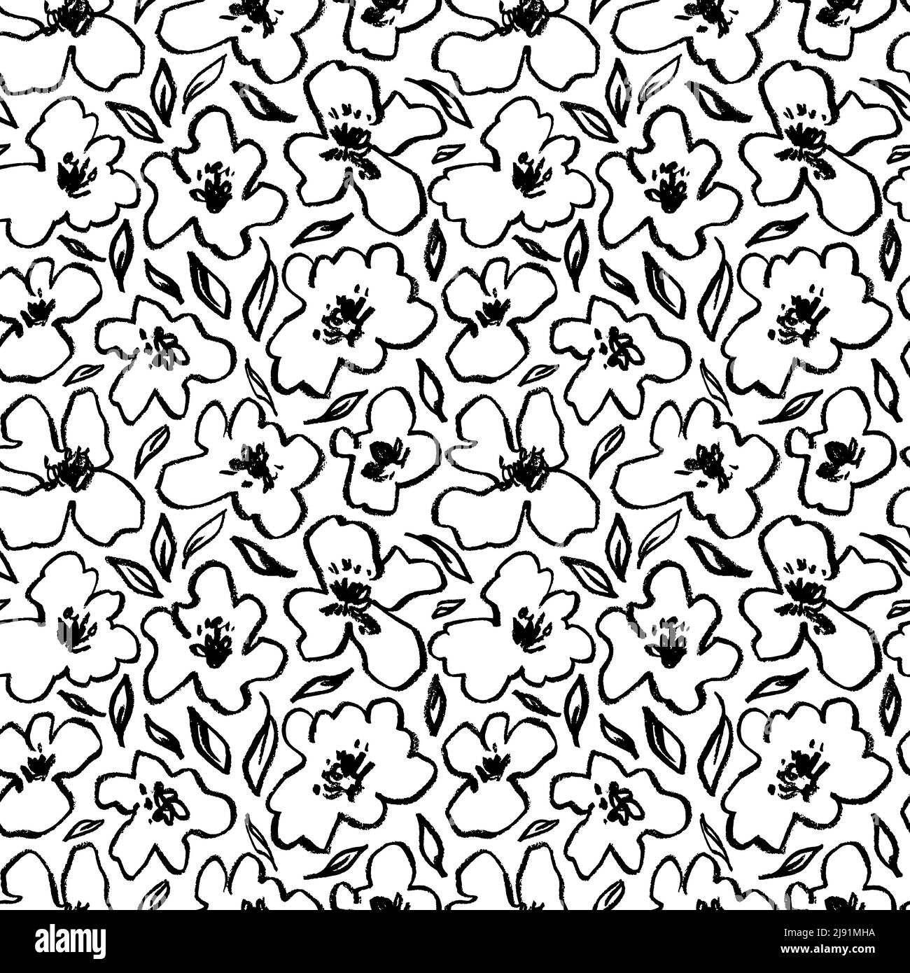 Hand drawn charcoal line flowers seamless pattern Stock Vector Image ...
