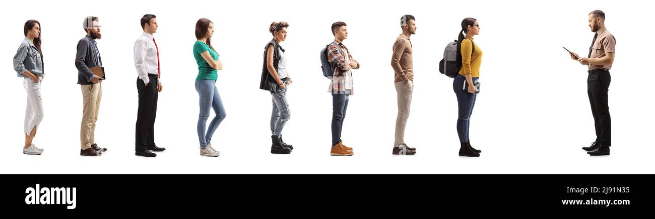 People waiting in line at check point and security officer holding a ...