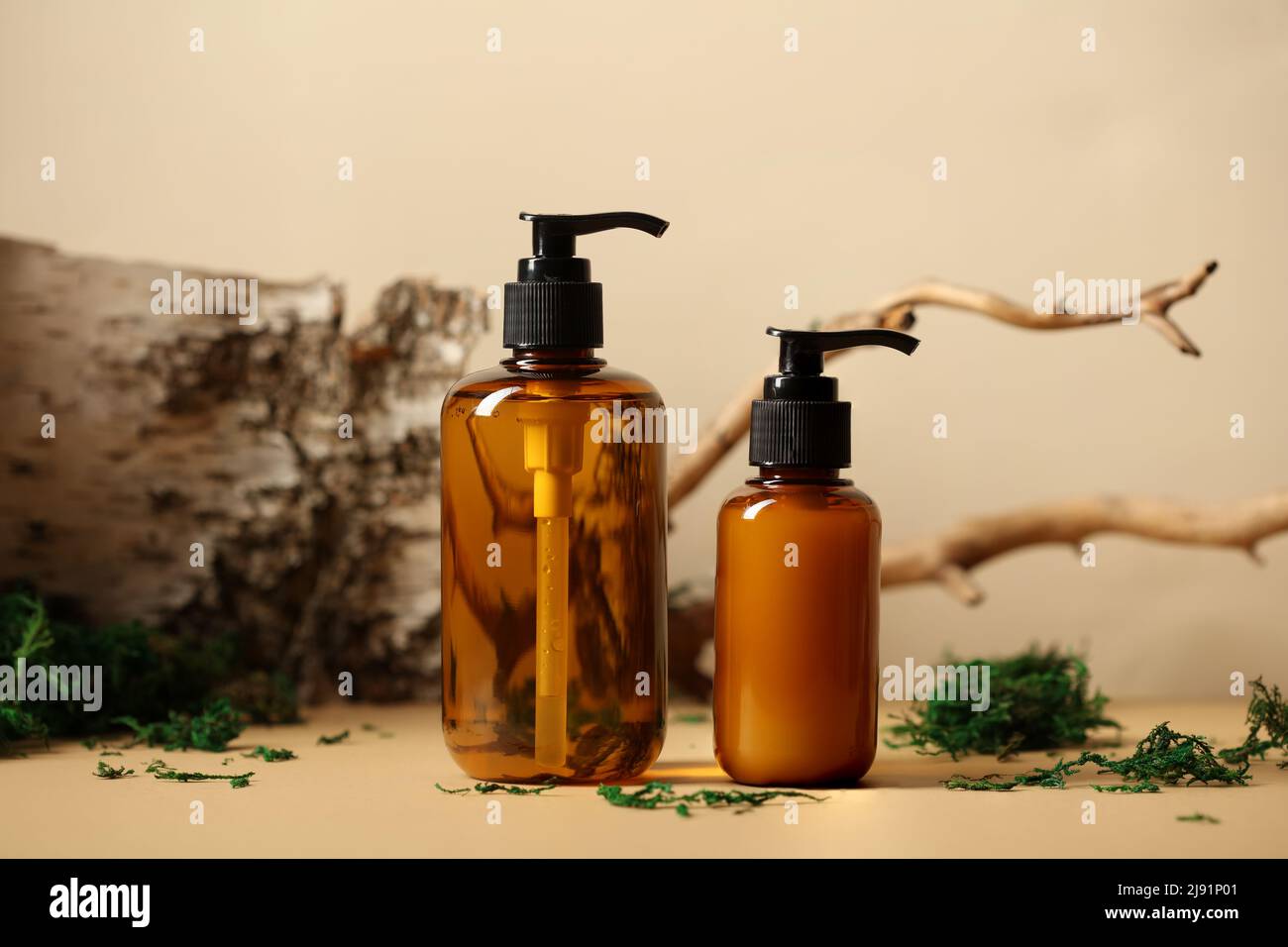 SPA natural organic cosmetics packaging design. Set of amber glass pump ...