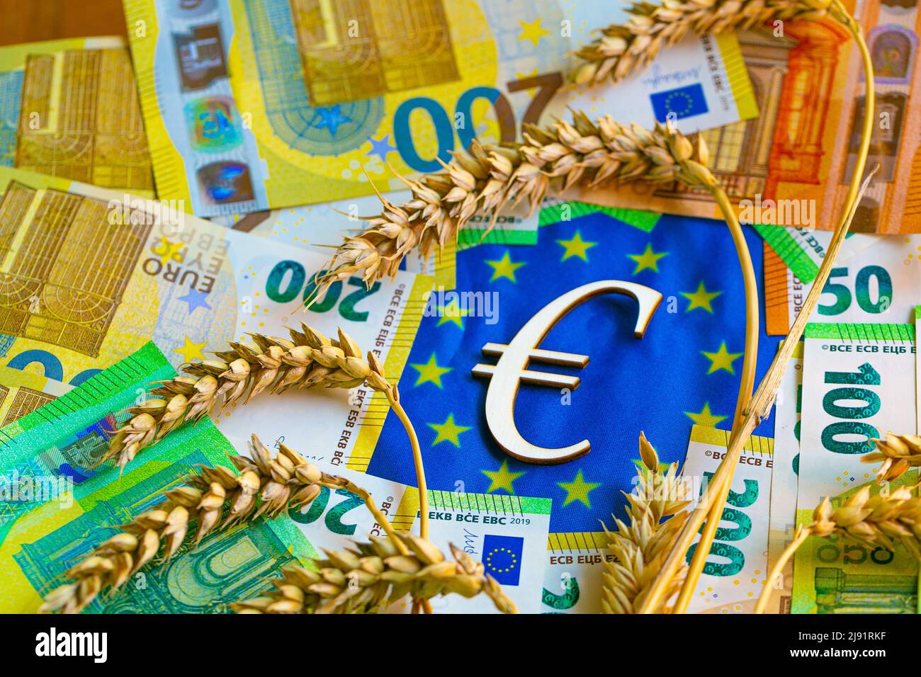 cost of wheat and flour in the EU..Falling euro coins on spikelets of ...