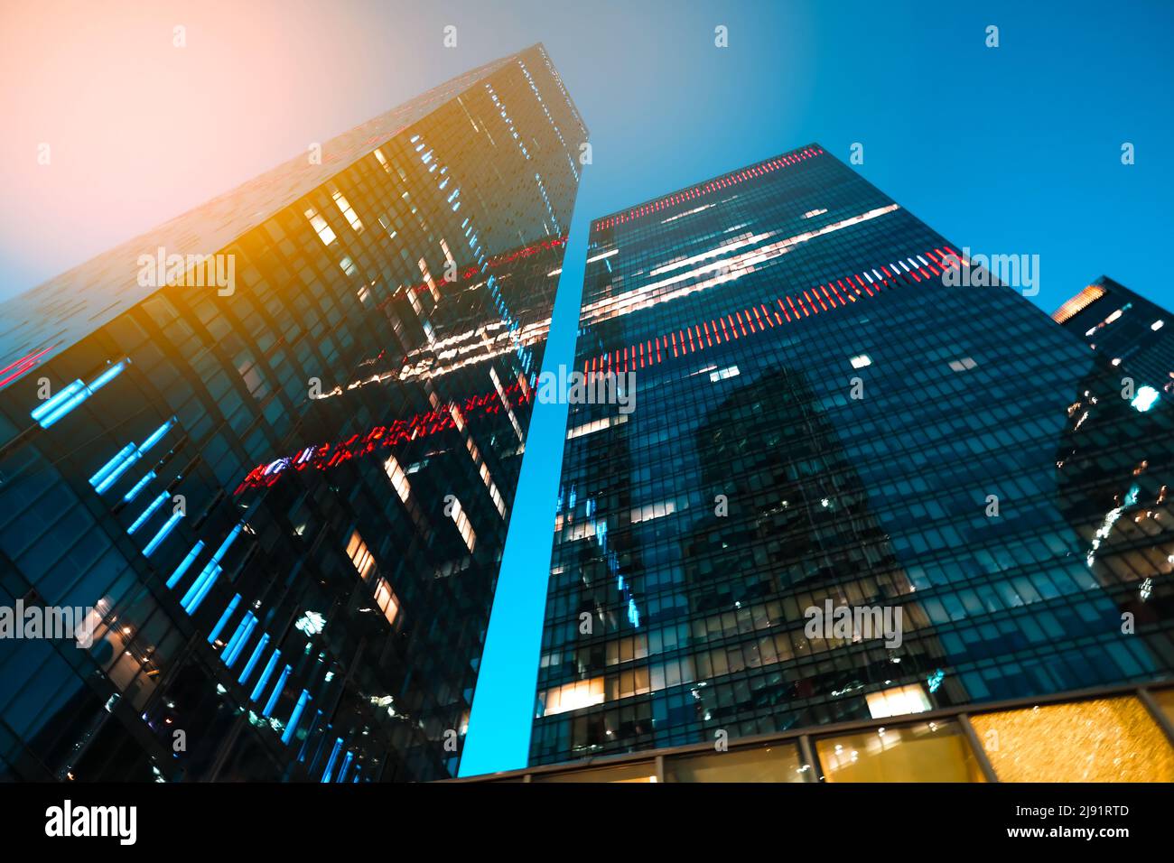Modern corporate buildings against blue sky. High-rise buildings in ...