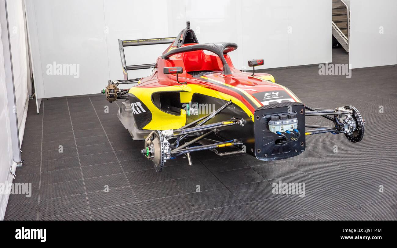 West Kingsdown, Kent, UK – May 15 2022. F4 race car jacked up without ...