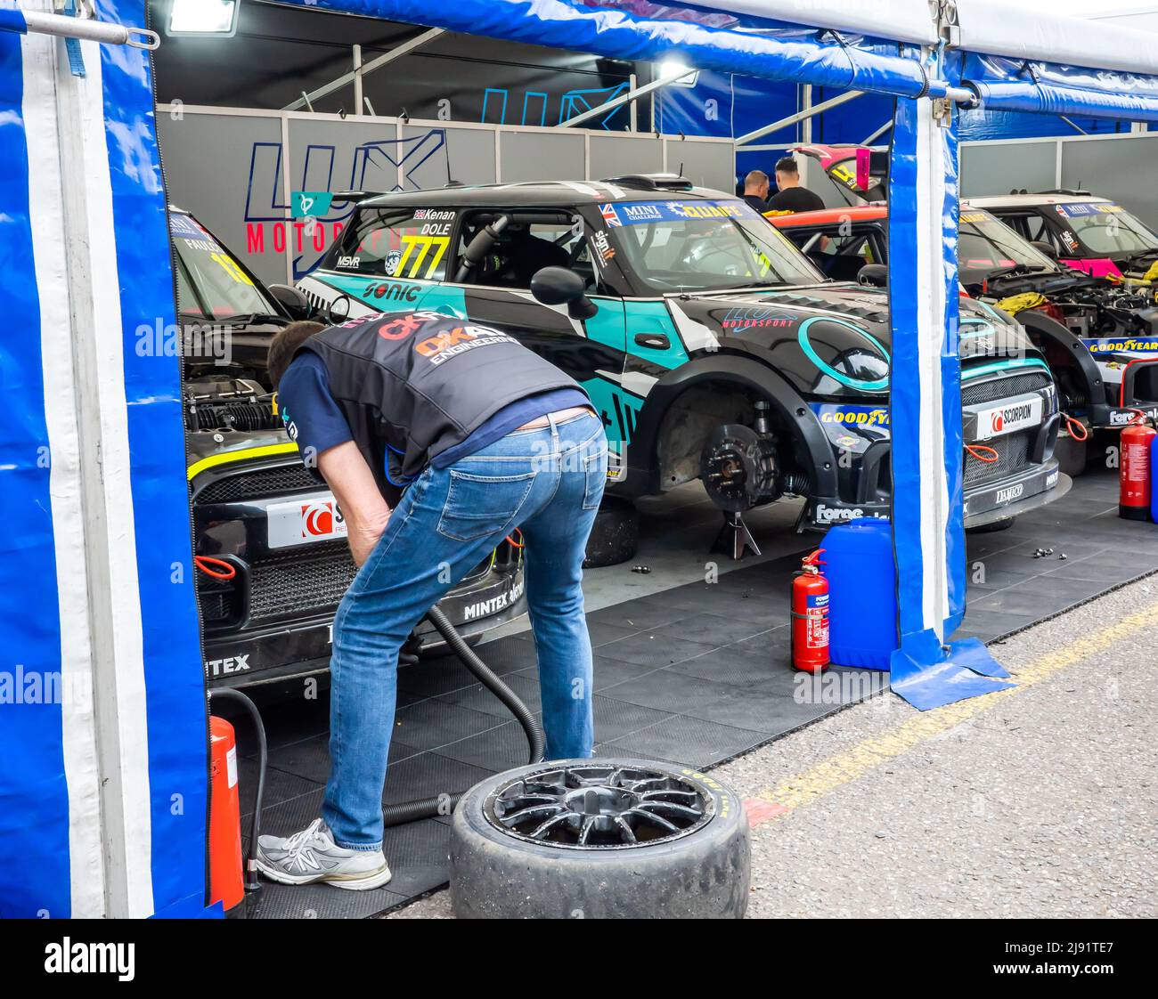 West Kingsdown, Kent, UK – May 15 2022. BMW Mini race cars being ...