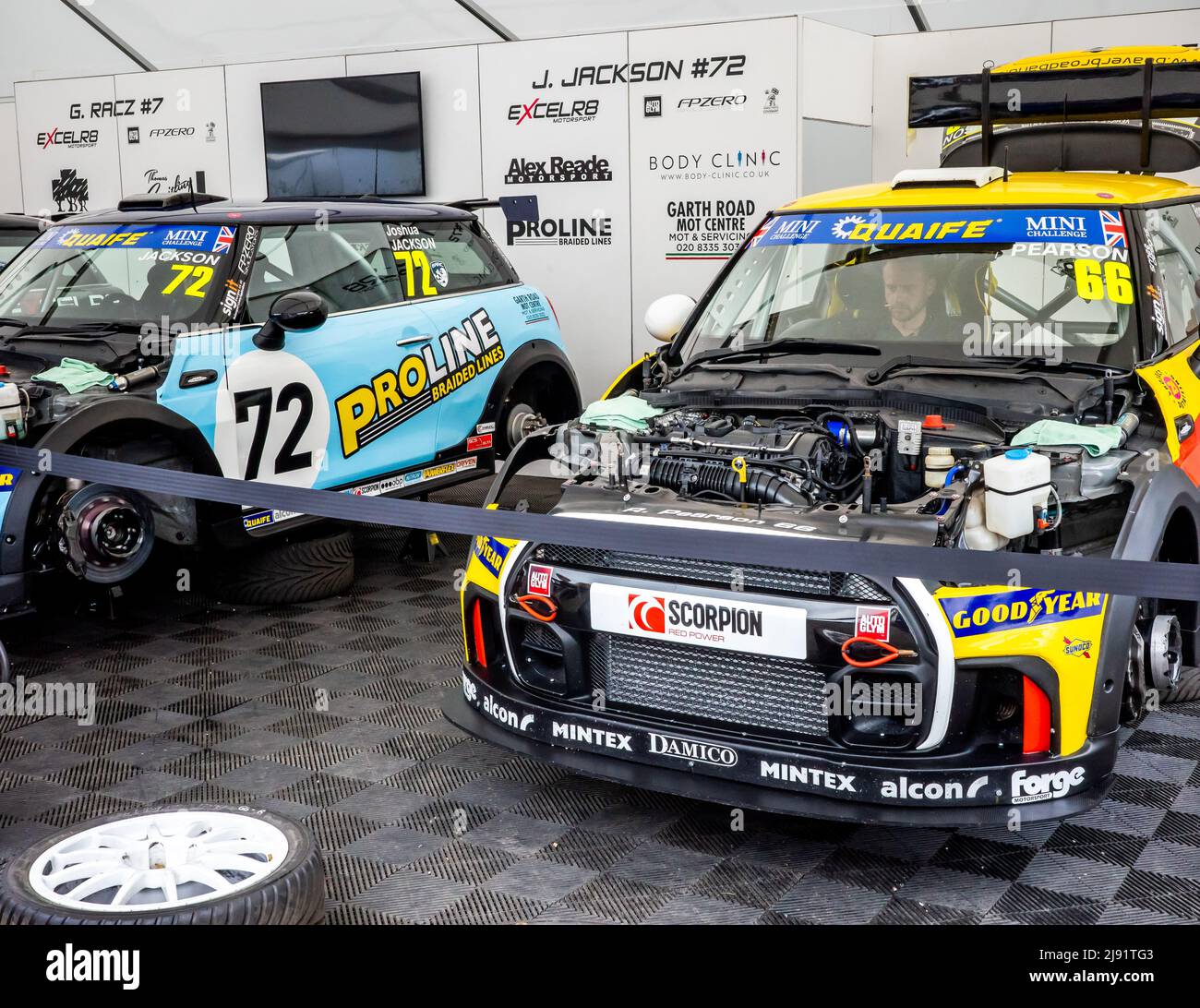 West Kingsdown, Kent, UK – May 15 2022. BMW Mini race cars being ...