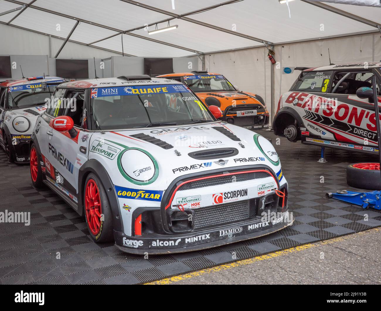 West Kingsdown, Kent, UK – May 15 2022. BMW Mini race cars being ...