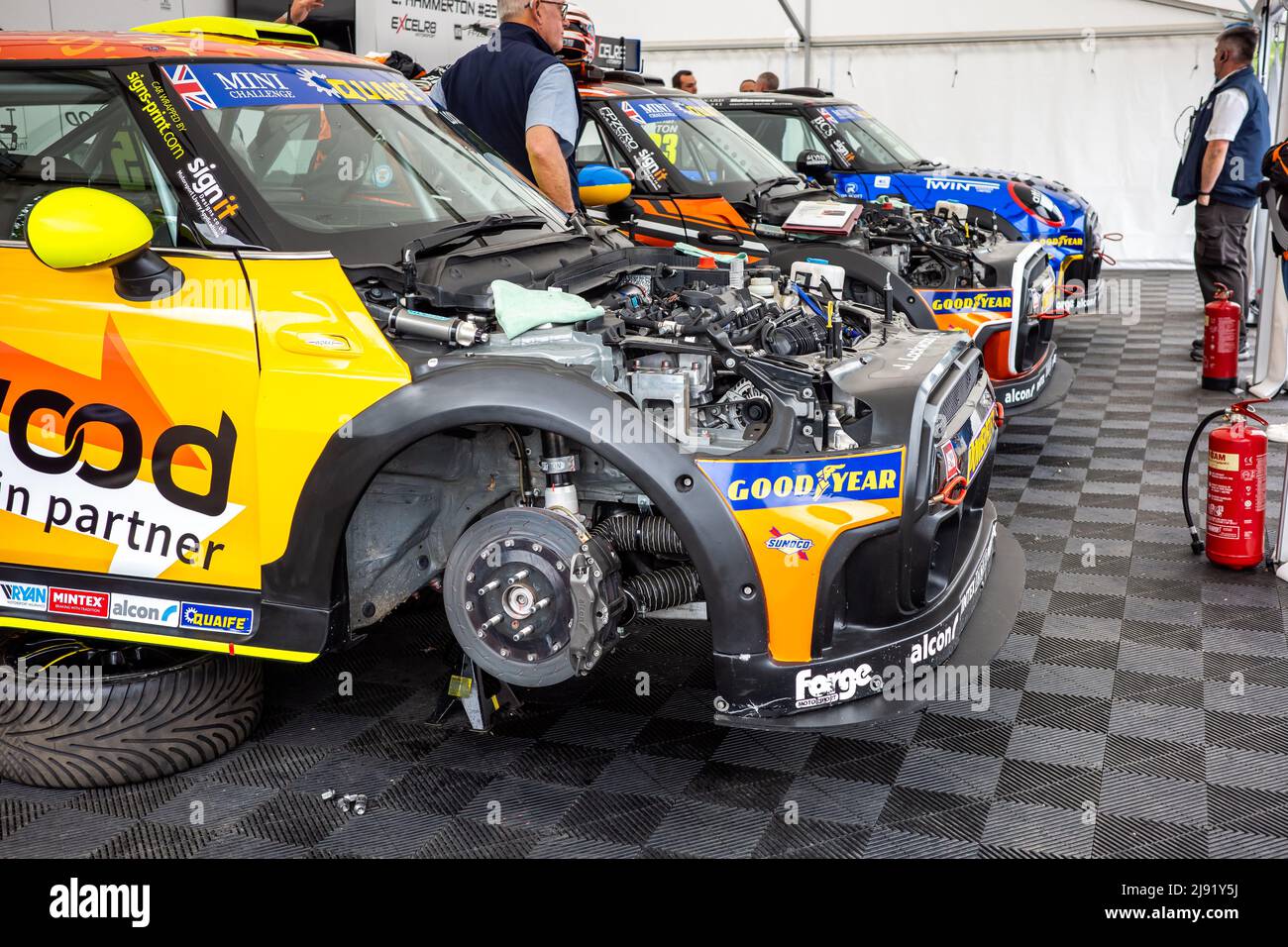 West Kingsdown, Kent, UK – May 15 2022. BMW Mini race cars being ...