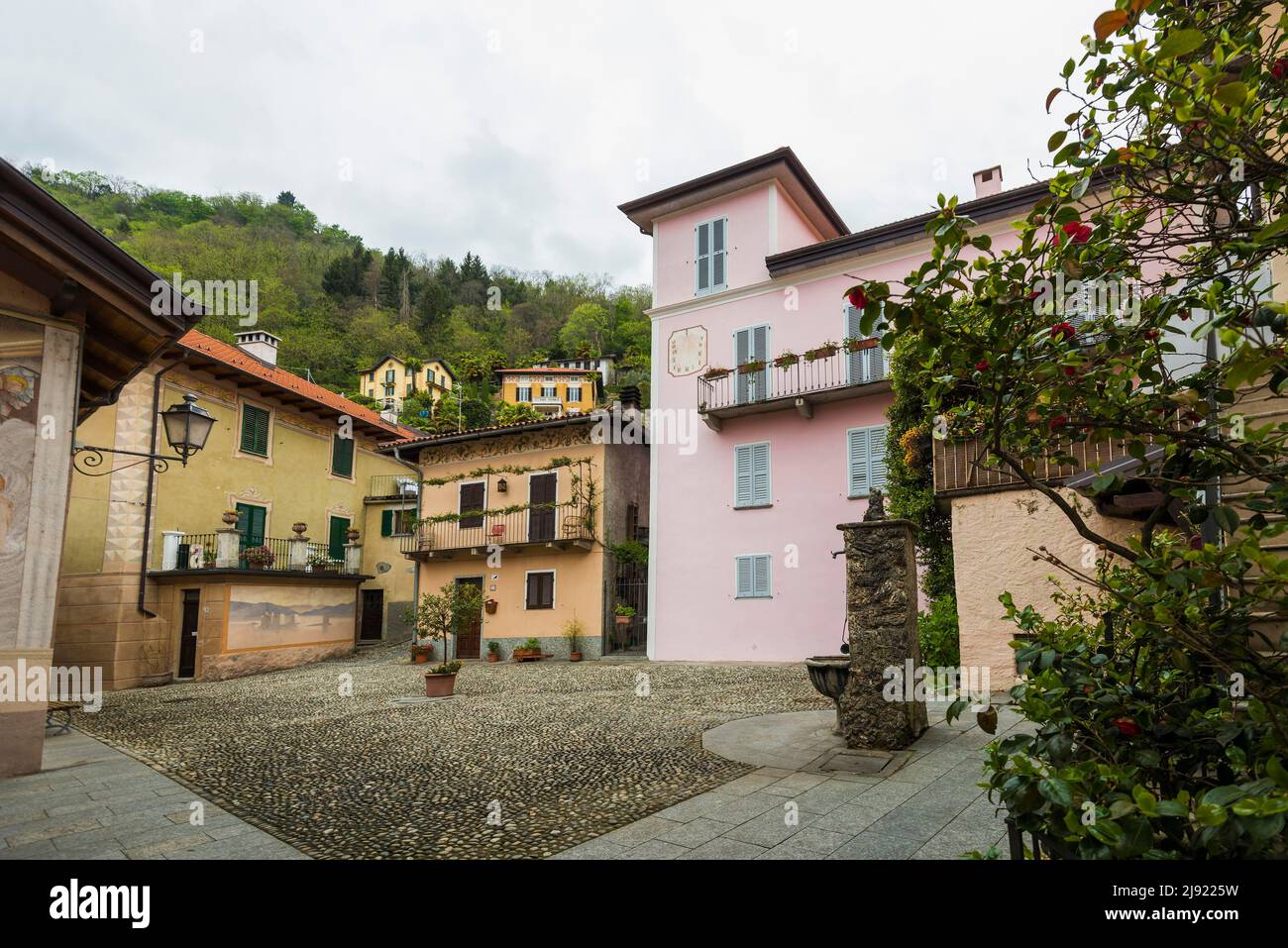 Village square and colourful houses, Cannero Riviera, Lake Maggiore ...