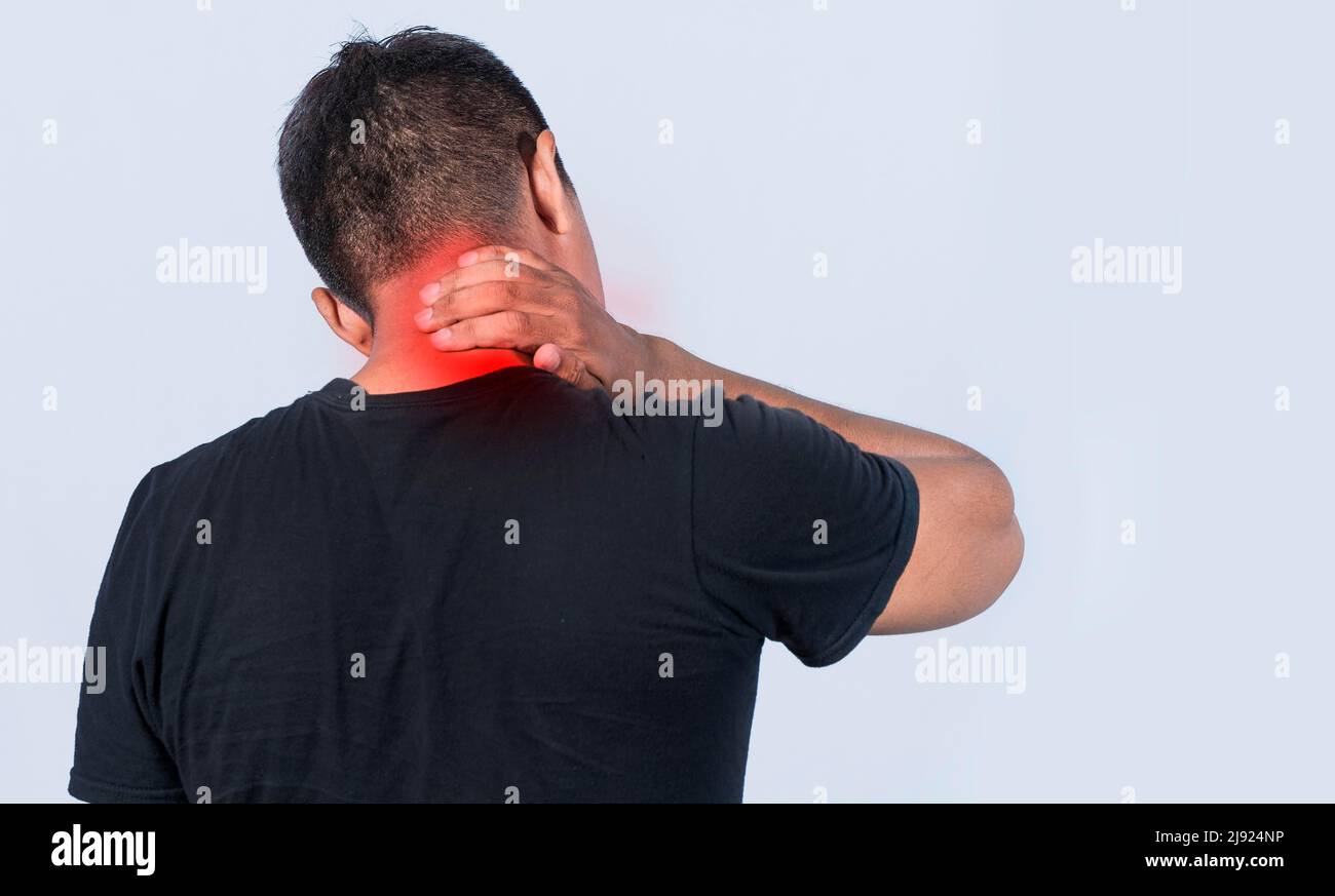 Neck pain and stress concept, Close up of man with neck pain, man with ...