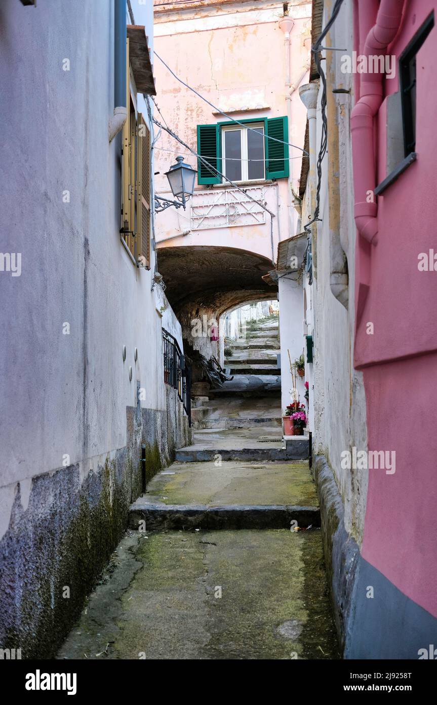 The beautiful village of Albori on the Amalfi coast, considered one of ...
