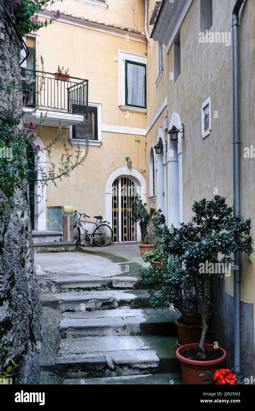 The beautiful village of Albori on the Amalfi coast, considered one of ...