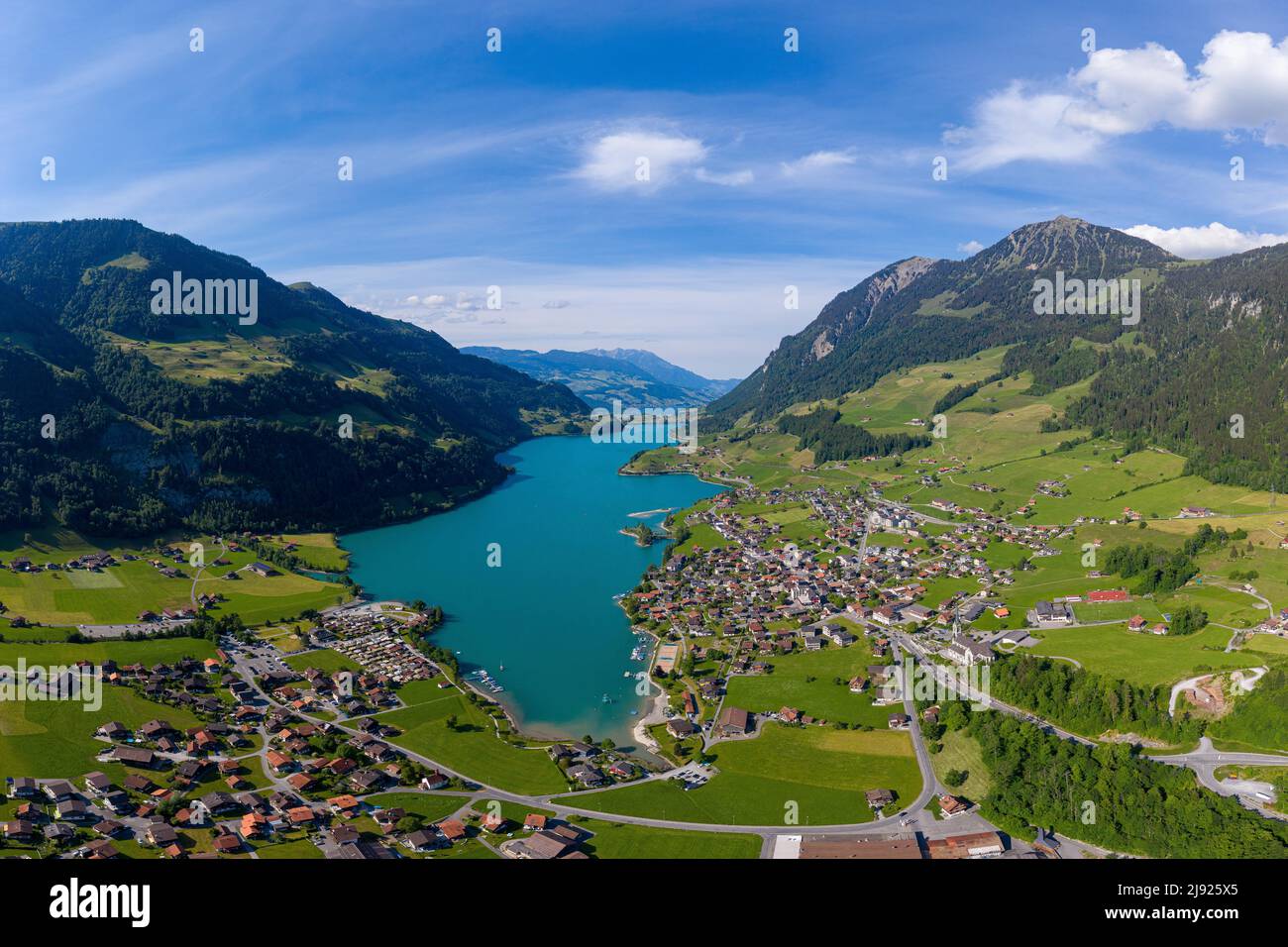 Aerial view of Lake Lunger with the village of Lungern in the canton of ...