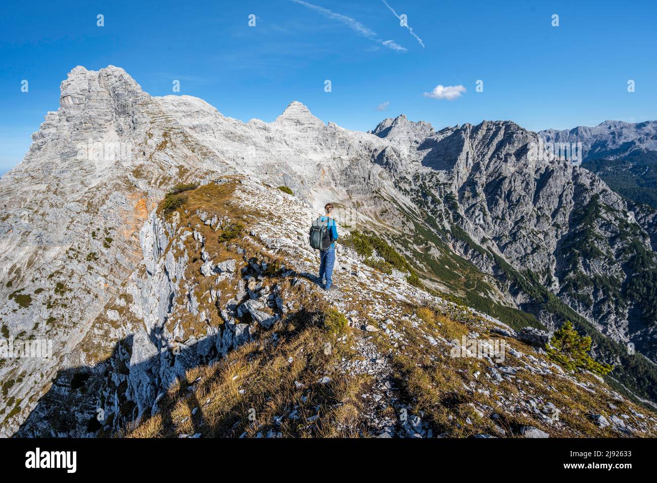 Hiker at the summit of Seehorn, hiking trail along a ridge, view of ...