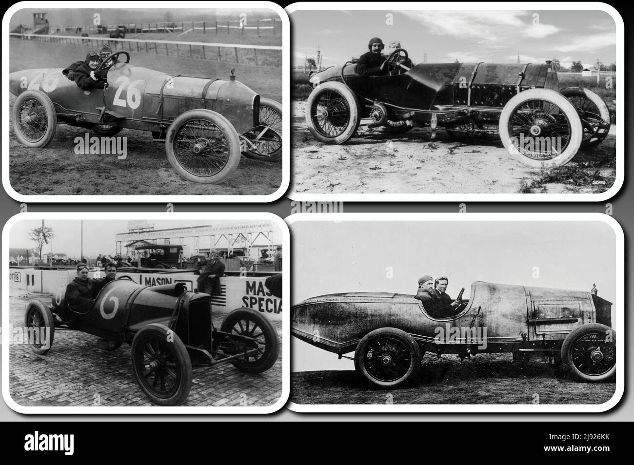 A collage of photos depicting very rare racing cars dating back to the ...