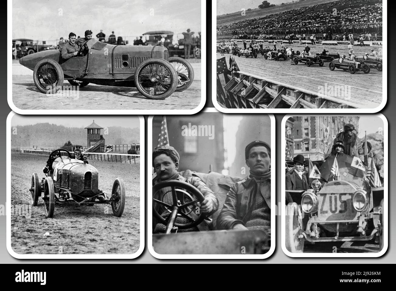 A collage of photos depicting very rare racing cars dating back to the ...