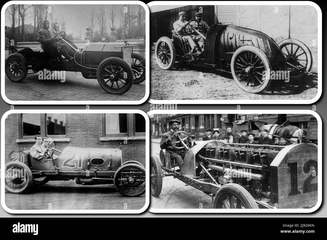 A collage of photos depicting very rare racing cars dating back to the ...