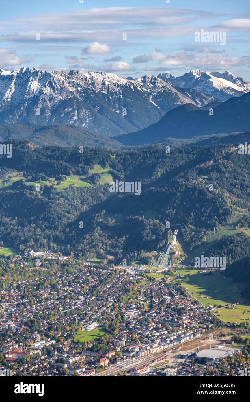 View over Garmisch-Partenkirchen with ski jump and Wetterstein ...