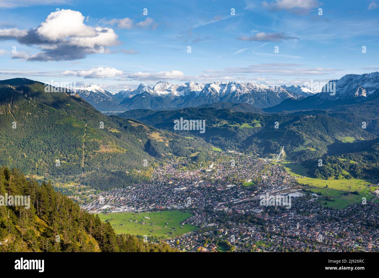 Hike to Kramerspitz, view over Garmisch-Partenkirchen and Wetterstein ...