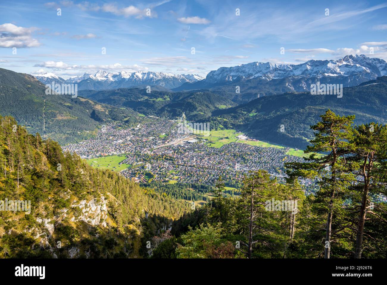 View over Garmisch-Partenkirchen with ski jump and Wetterstein ...