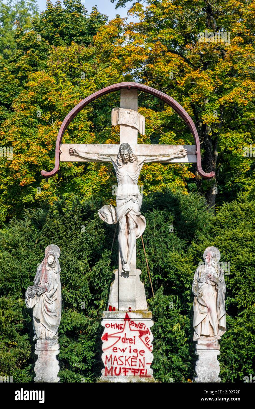 Cross, graffiti, Westfriedhof, Munich, Upper Bavaria, Bavaria, Germany ...