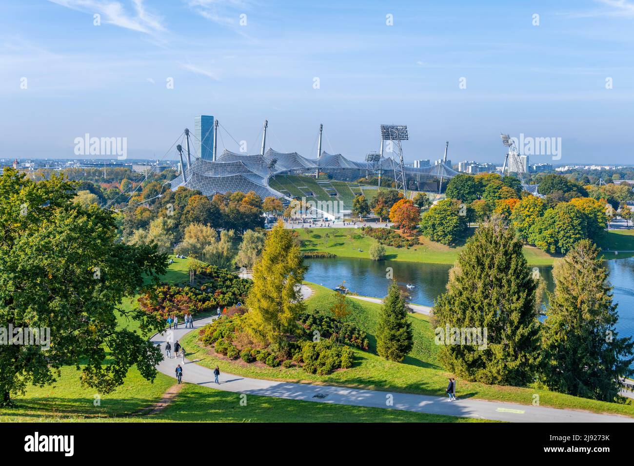 Park with Olympic Lake and Olympic Tower, Olympic Park Munich, Bavaria ...