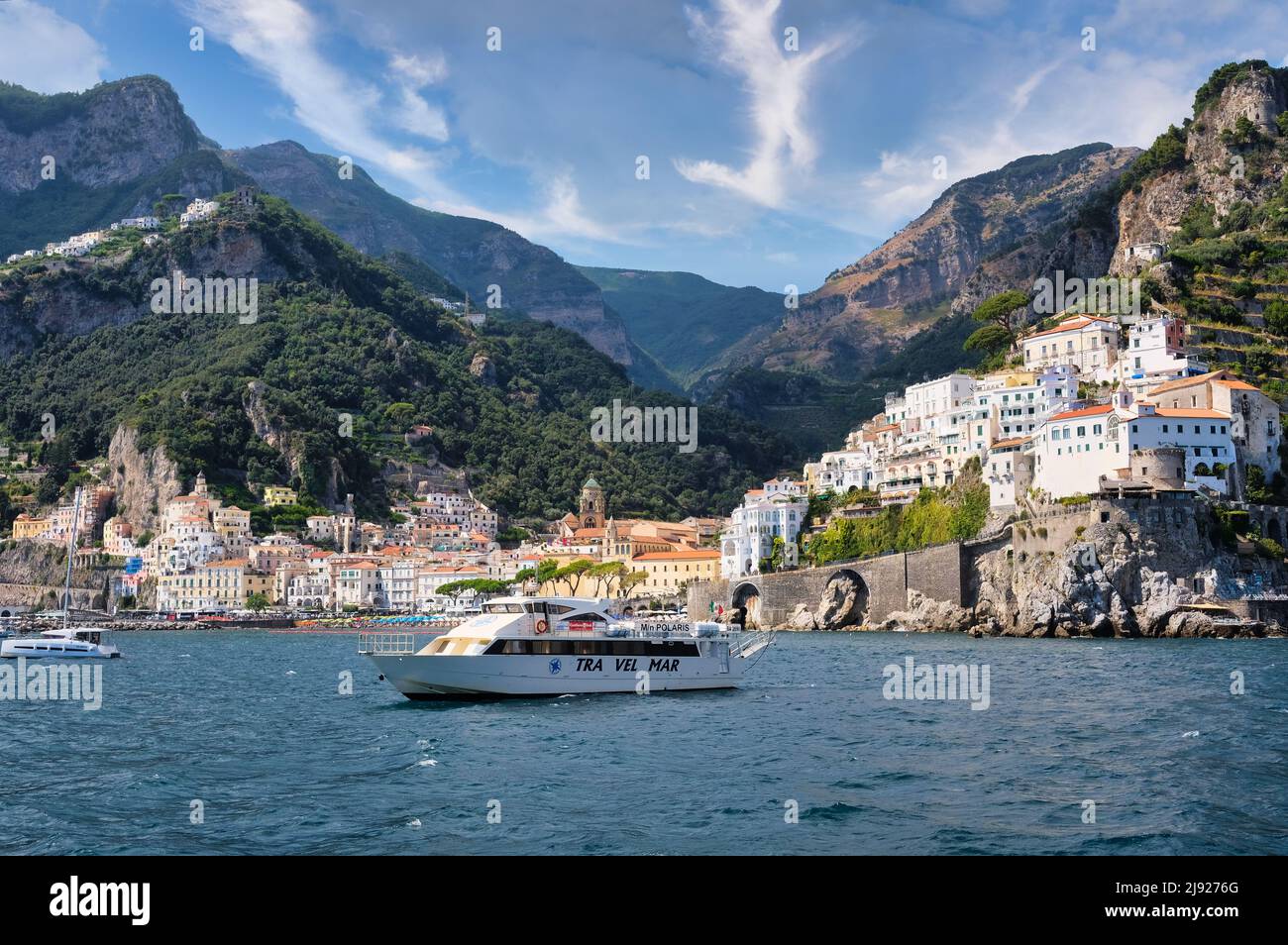 Panoramic view of the famous town of Amalfi, a well-known tourist ...