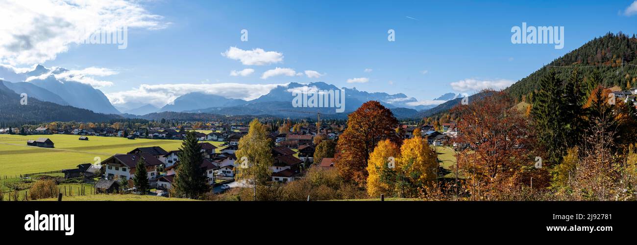 Alpine foothills, village view of Kruen in autumn, Bavaria, Germany ...