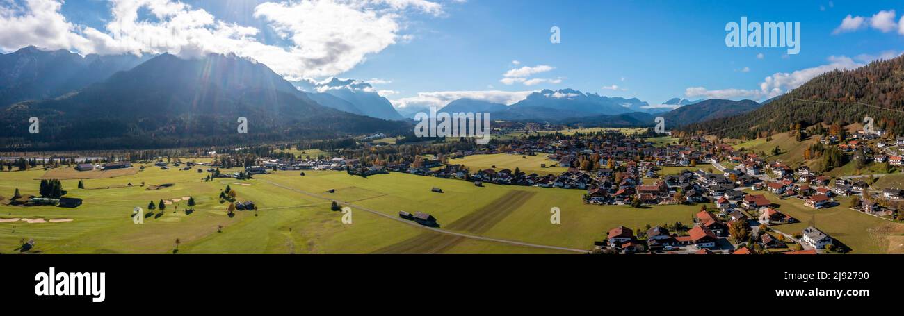 Panorama, Alpine foothills, village view of Kruen in autumn, Bavaria ...