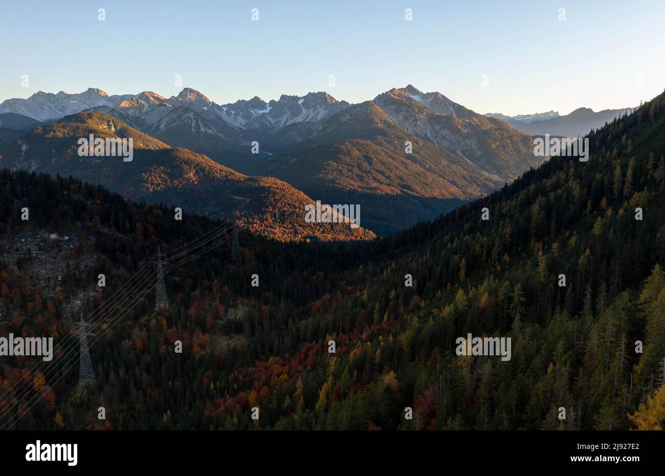 Sunset, Alpine panorama, aerial view, Wetterstein Mountains, near ...
