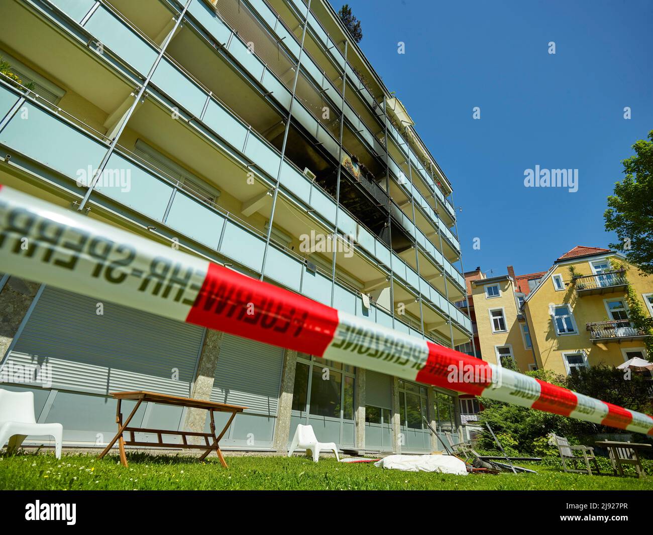 Fire damage after fire in apartment block, Ohmstrasse, Munich, Germany ...
