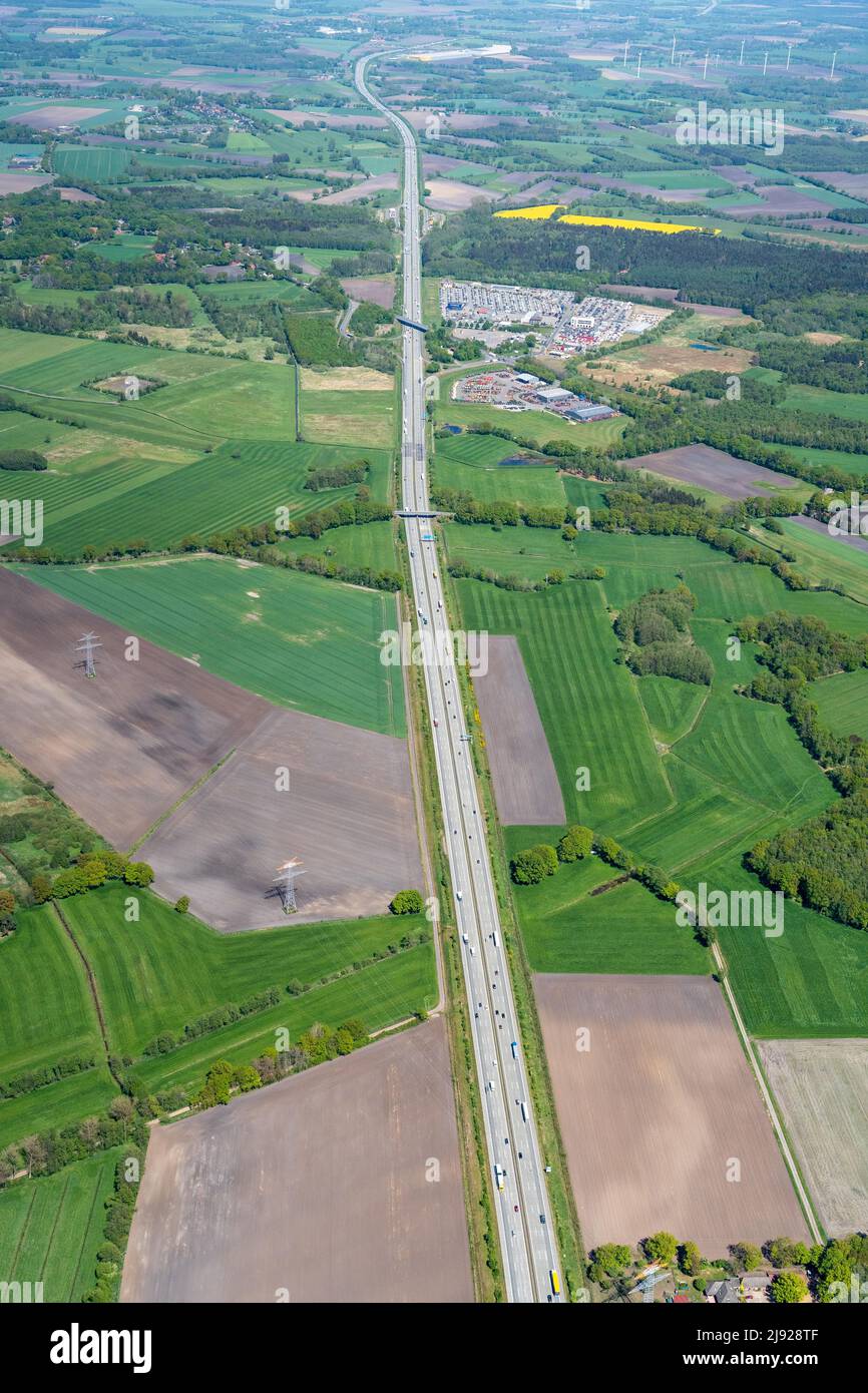Aerial view Bundesautobahn A1 motorway exit, Hansalinie, traffic route ...