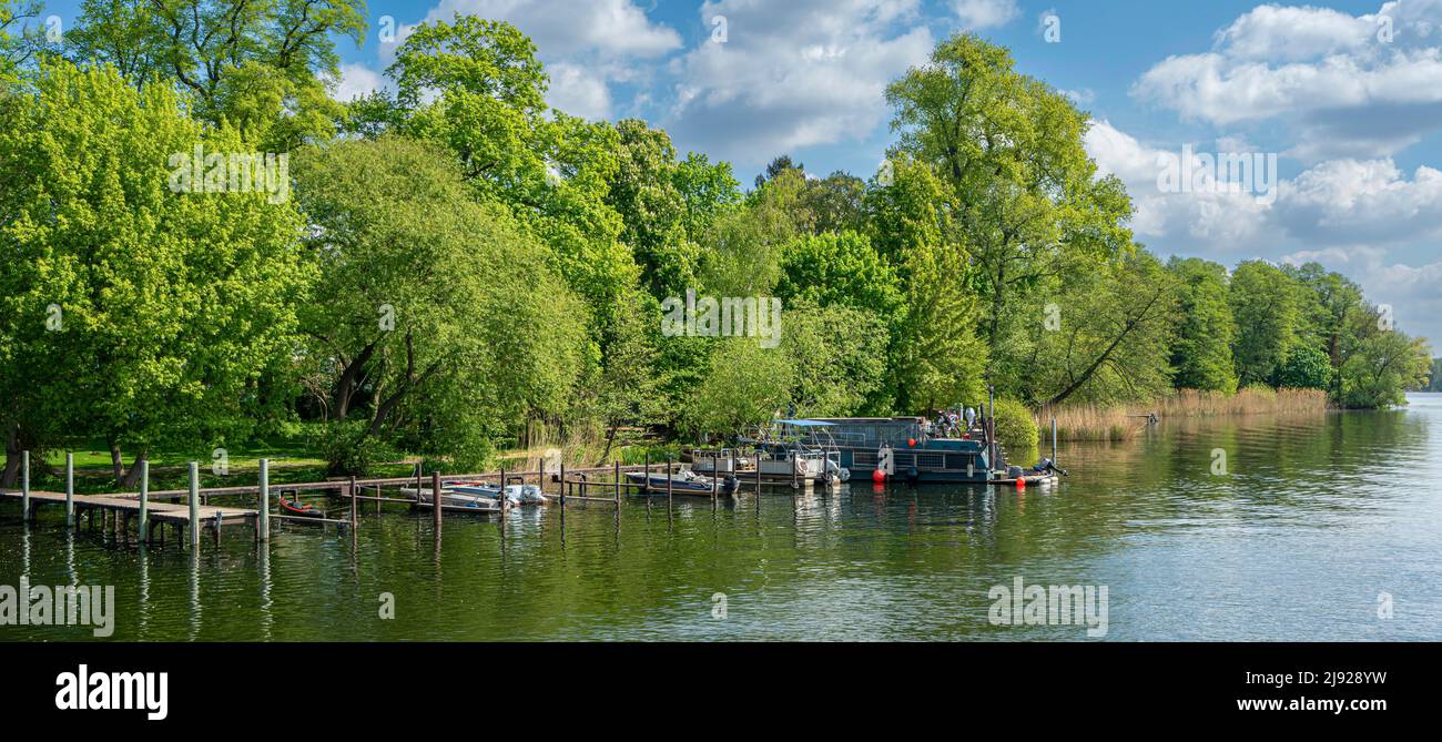 Small boat docks and houses on the Havel between Berlin and Brandenburg ...