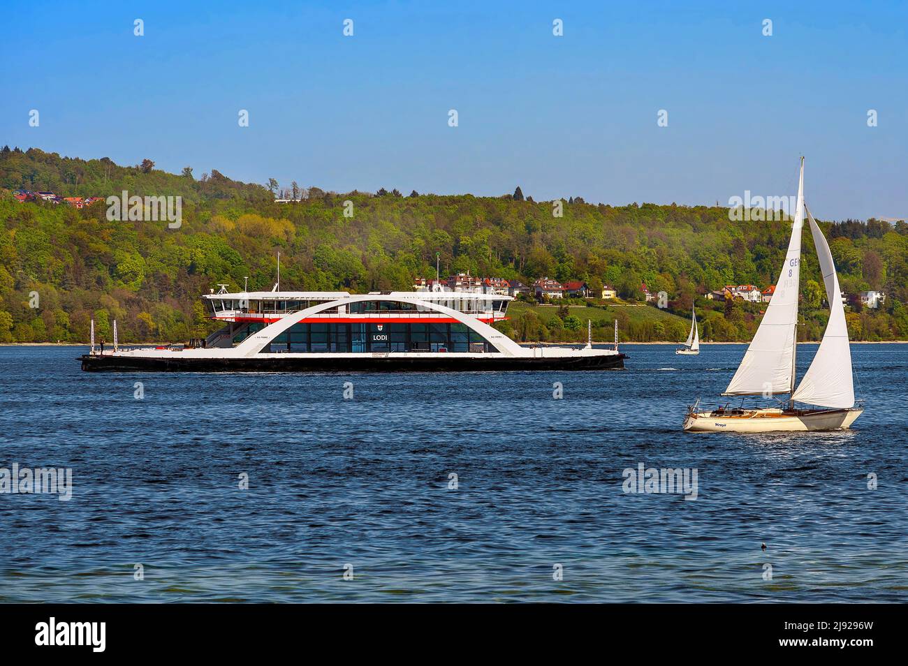 Car ferry Lodi and sailing boat, Lake Constance, Baden-Wuettemberg ...
