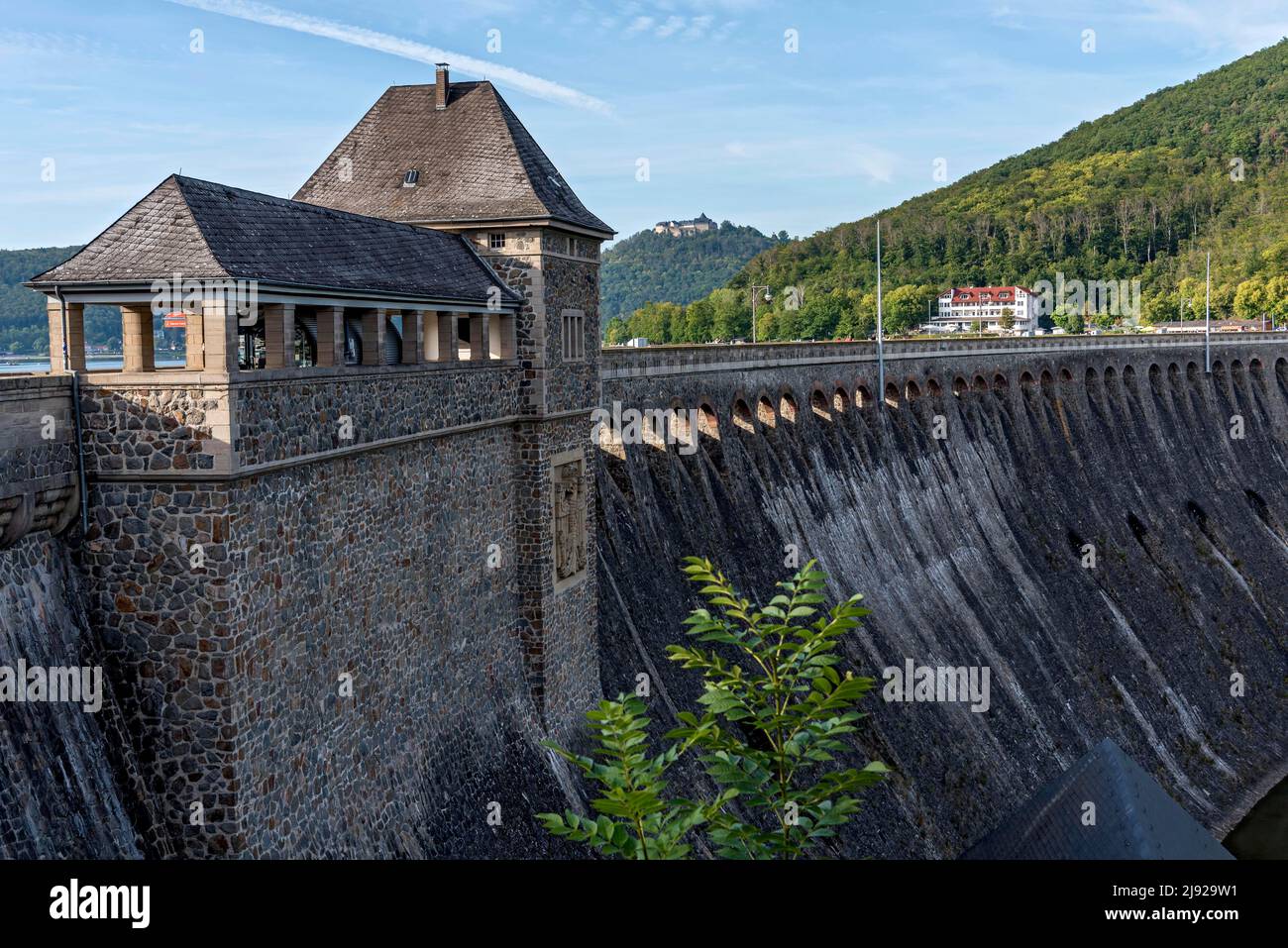 Dam, dam wall of Edersee reservoir with gatehouse, Edertal reservoir ...