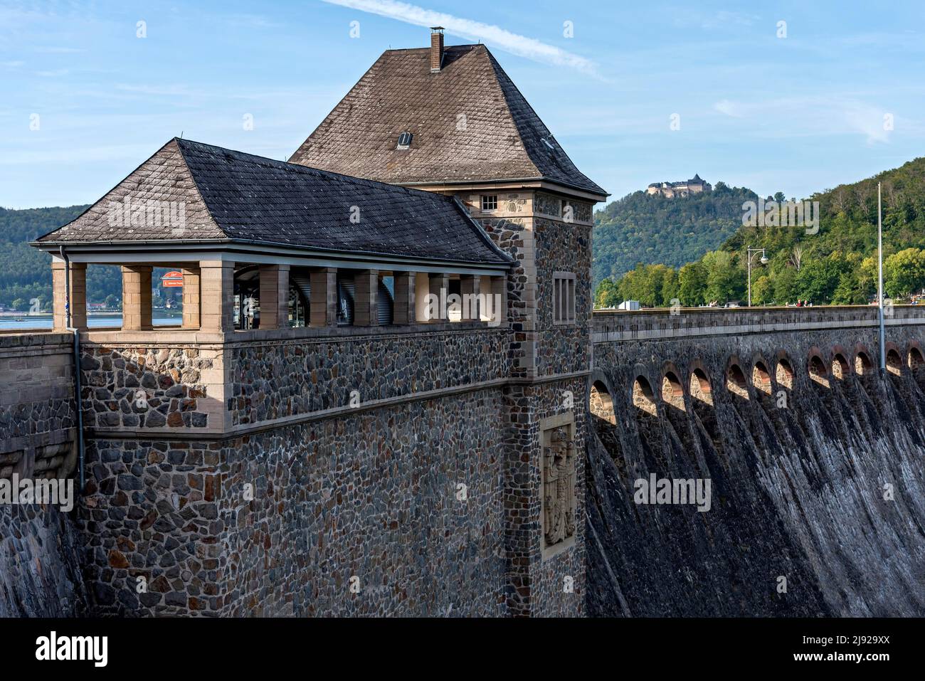 Southern gatehouse with info point on dam, dam wall of Edersee ...