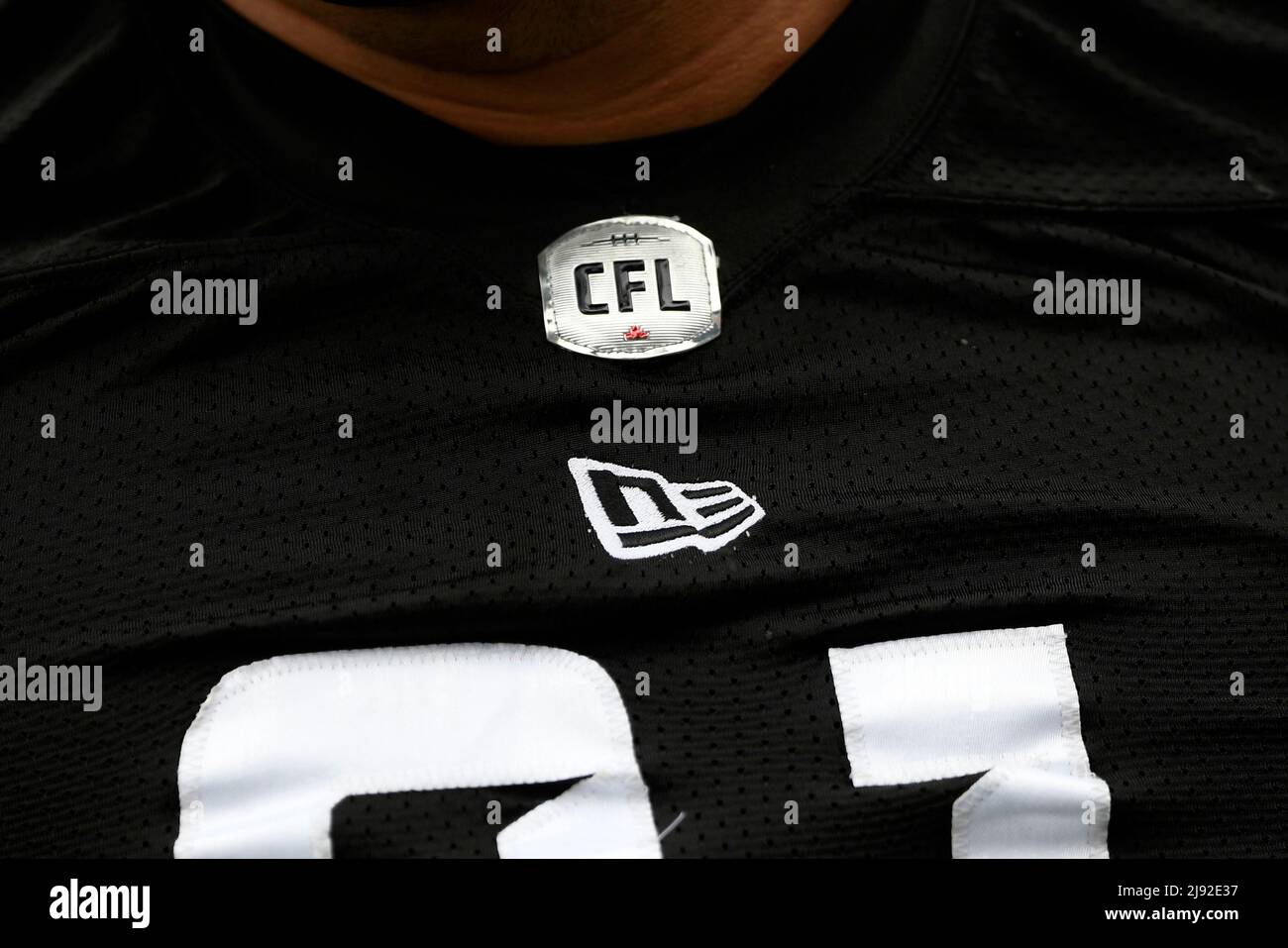 The CFL logo is seen on a jersey during the Redblacks training camp in ...
