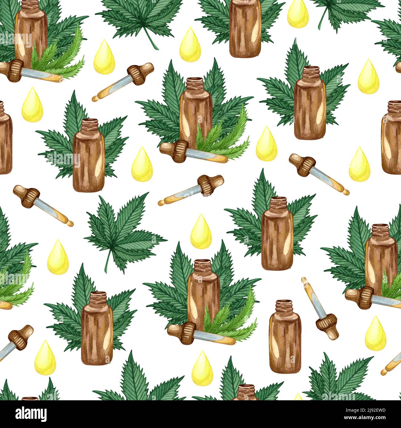 Watercolor cannabis seamless pattern. Hemp hand drawn pattern. Cannabis ...
