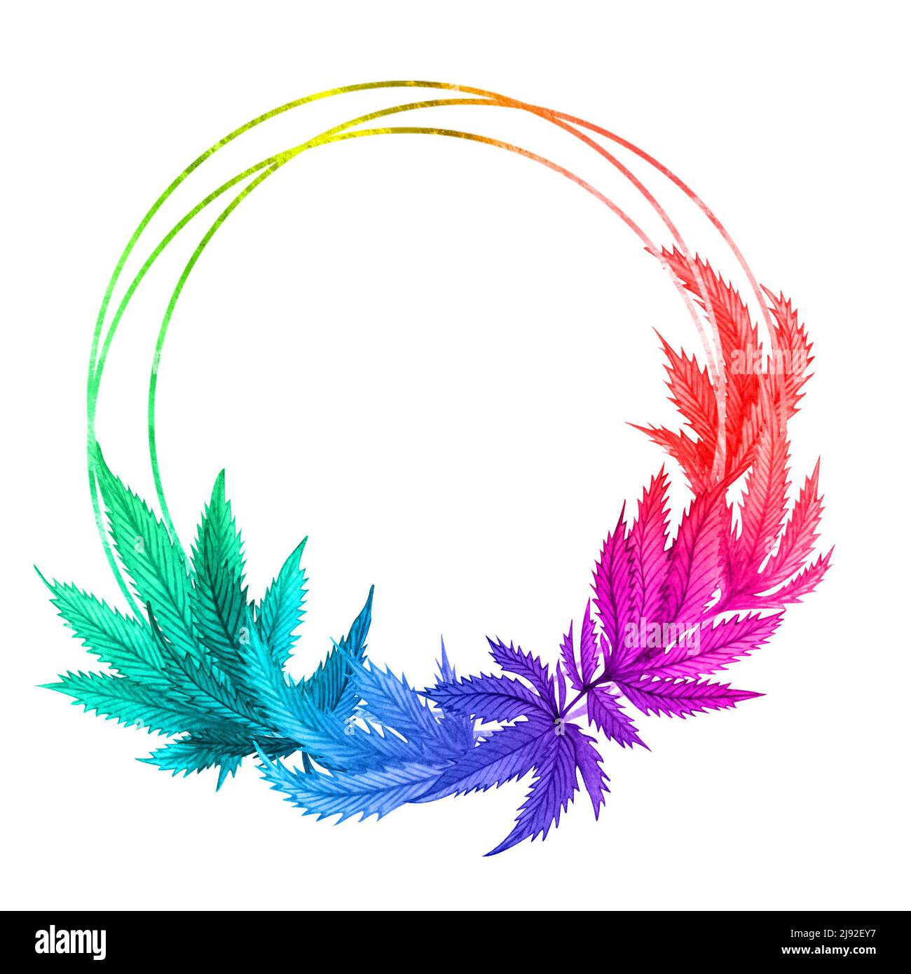 Watercolor rainbow cannabis frame. Hand drawn wild hemp plant wreath ...