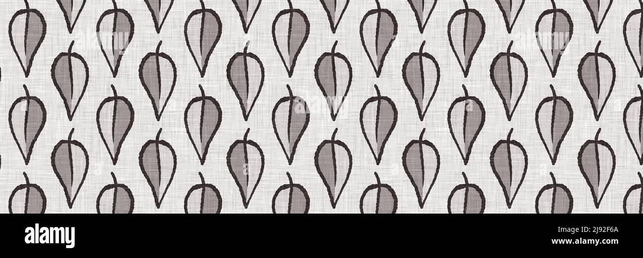 French grey botanical leaf linen border pattern with 2 tone country ...