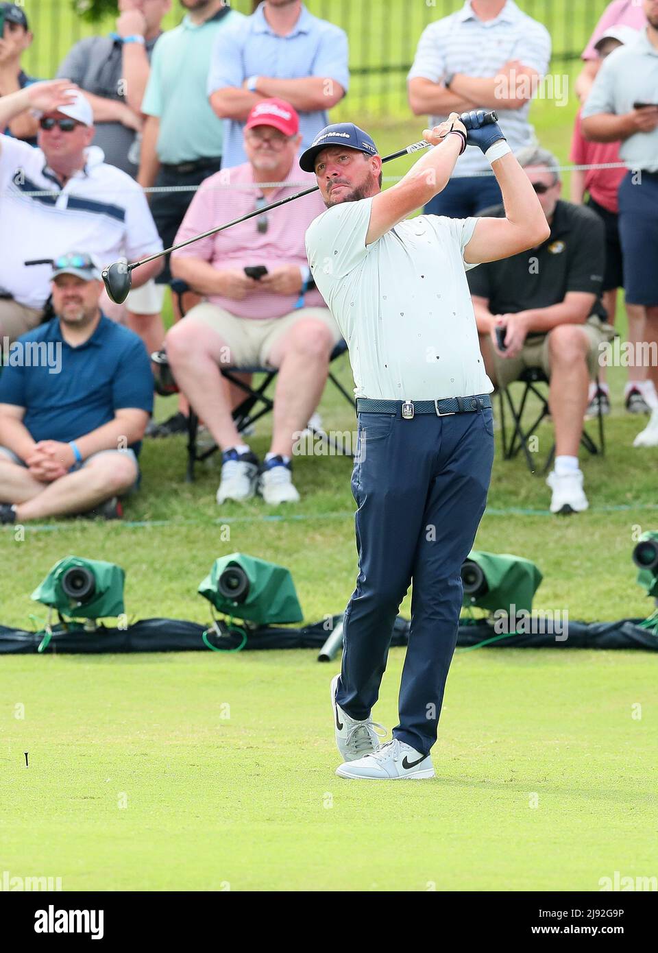 TULSA, OK - MAY 19: Victor Hovland watches his tee shot from the 16th ...