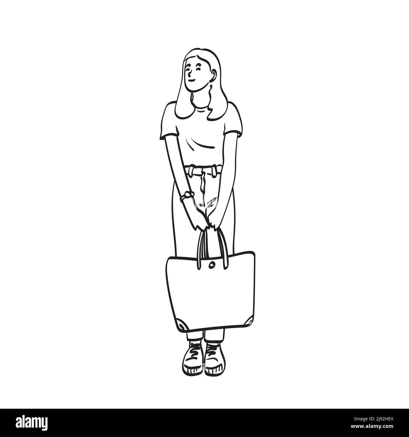 line art full length of woman holding handbag illustration vector hand ...