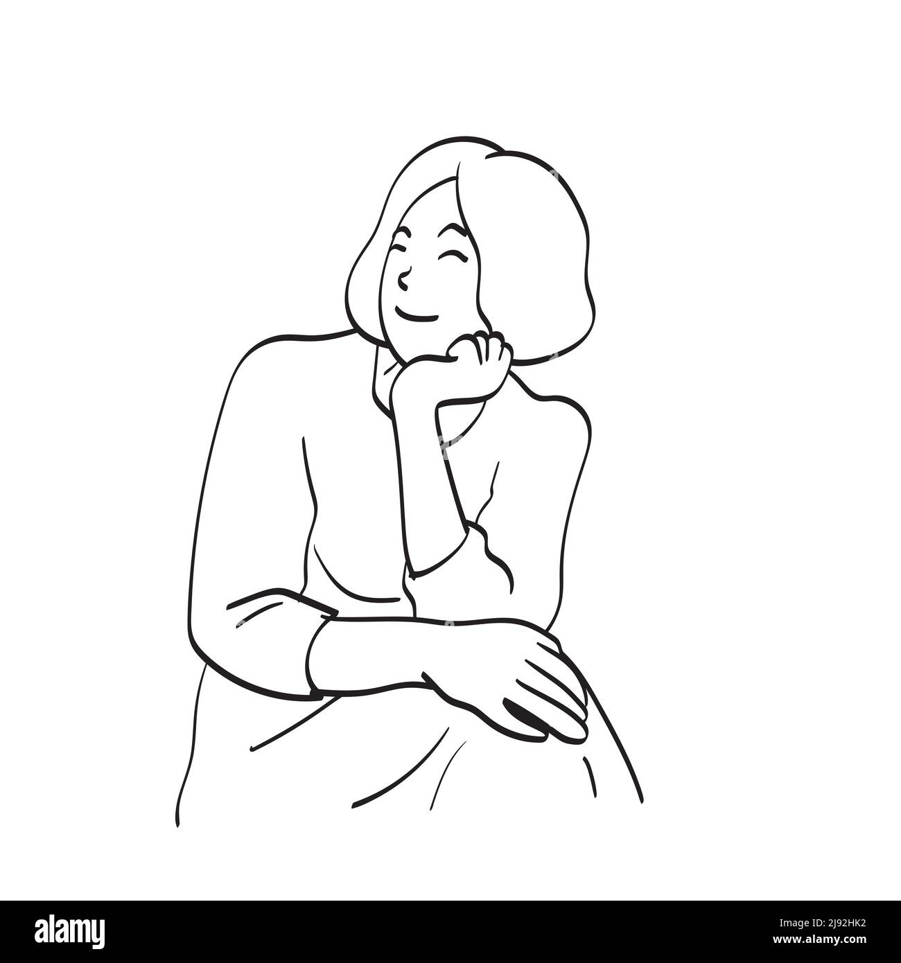 line art woman with hand under her chin illustration vector hand drawn ...