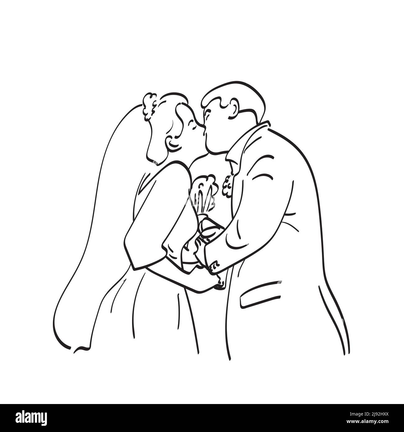 line art bride and groom kissing illustration vector hand drawn isolated on white background ...