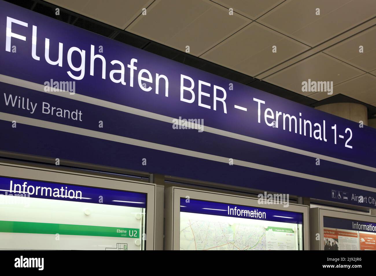 08.03.2022, Schoenefeld, Brandenburg, Germany - Station sign BER ...
