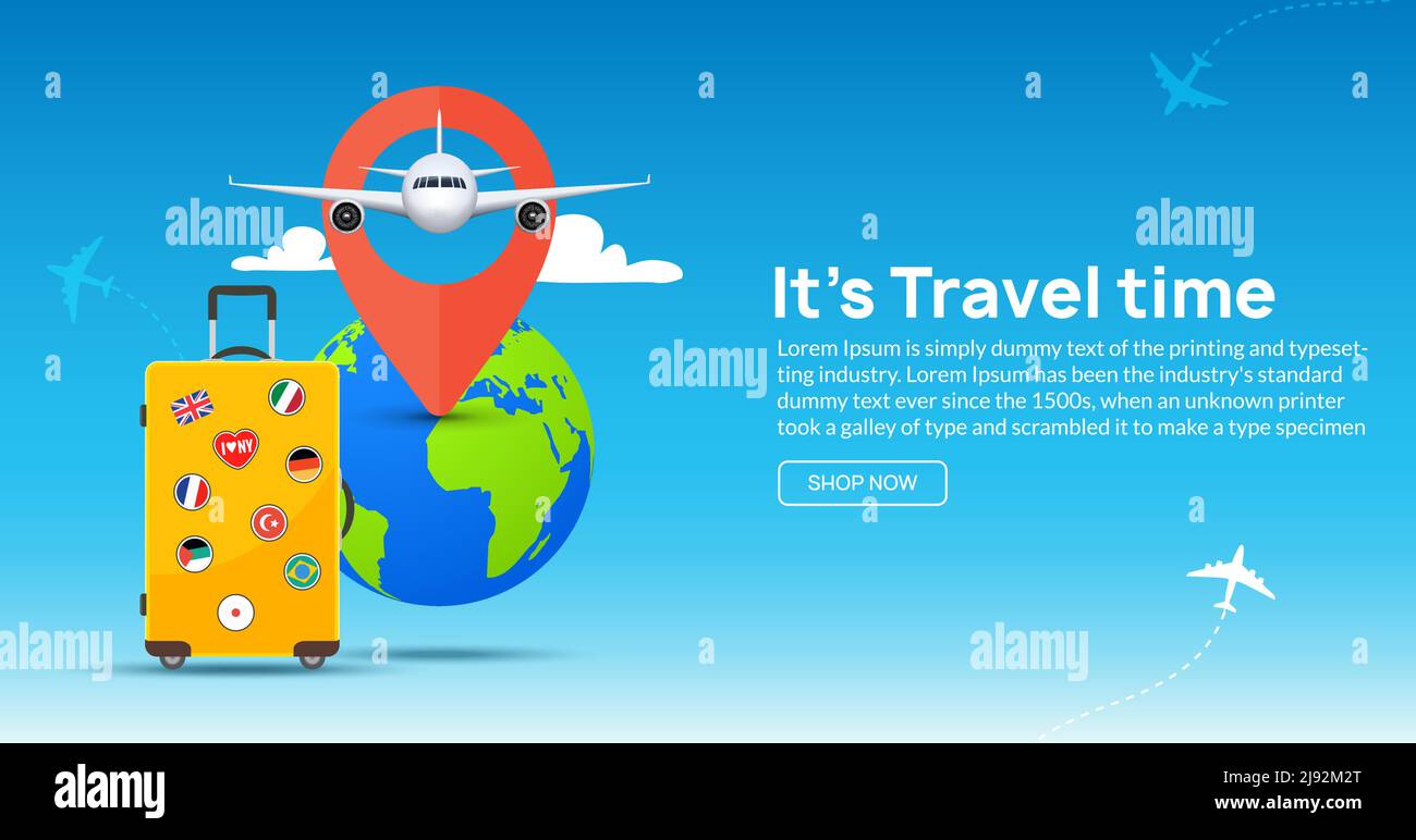 Travel tourism banner background. Luggage fun tour and bag, airplane ...