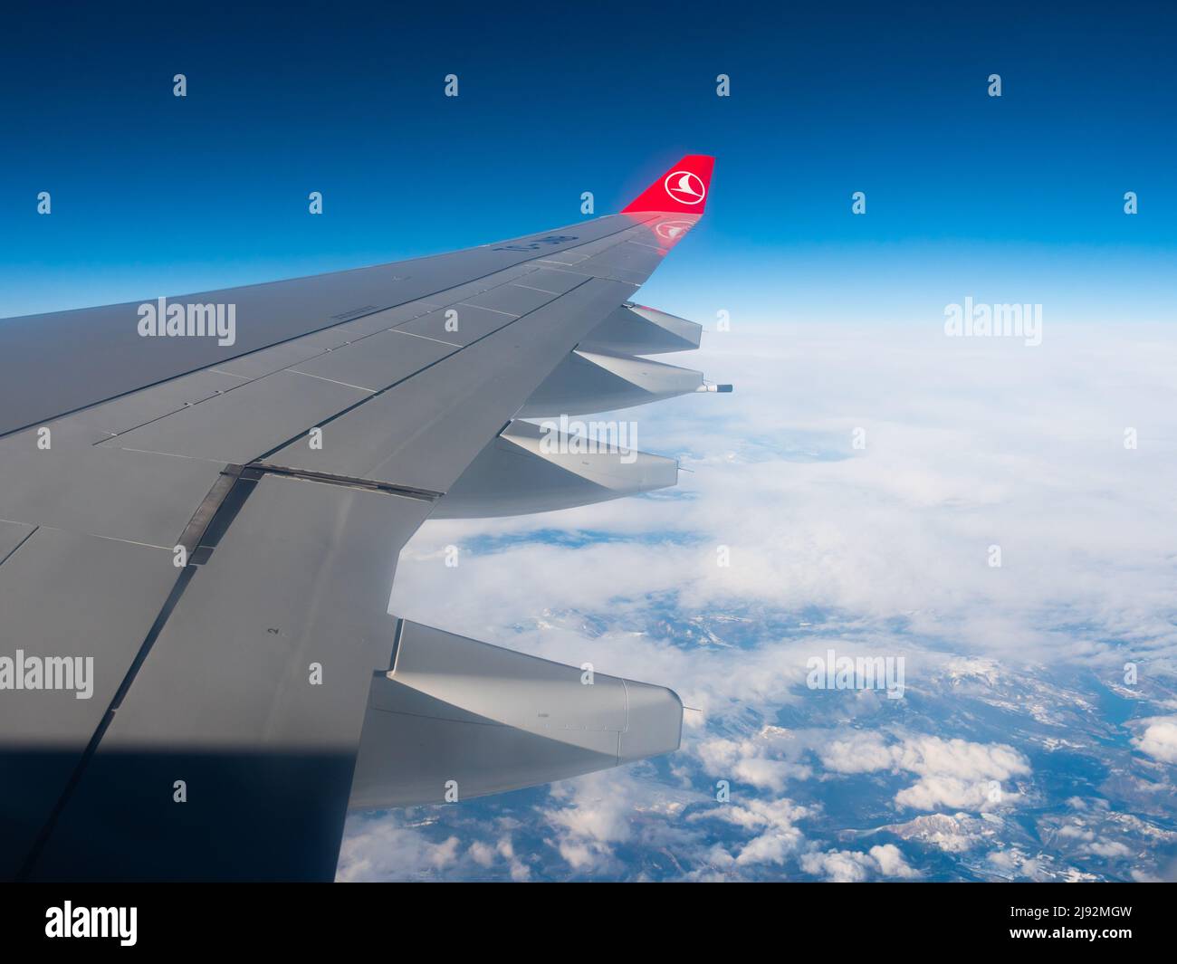 TURKEY - JANUARY 15, 2021: the view is wing of a Turkish airline plane ...