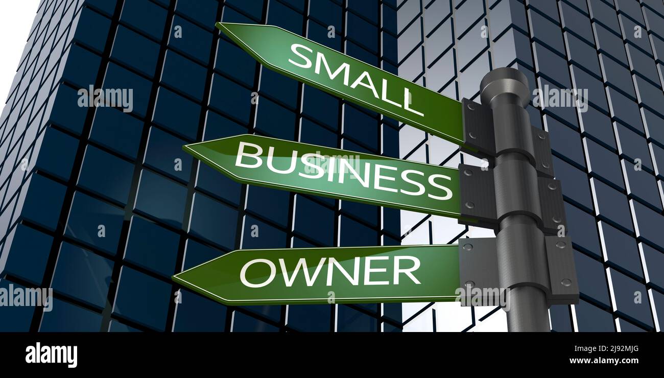 Small business owner road sign with building facade, 3d rendering Stock ...