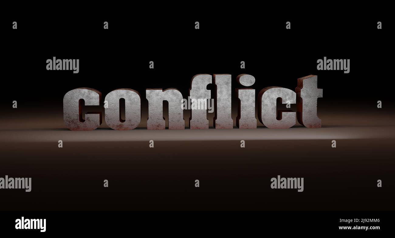 3d rendering of conflict with dull metal texture and dark theme Stock ...