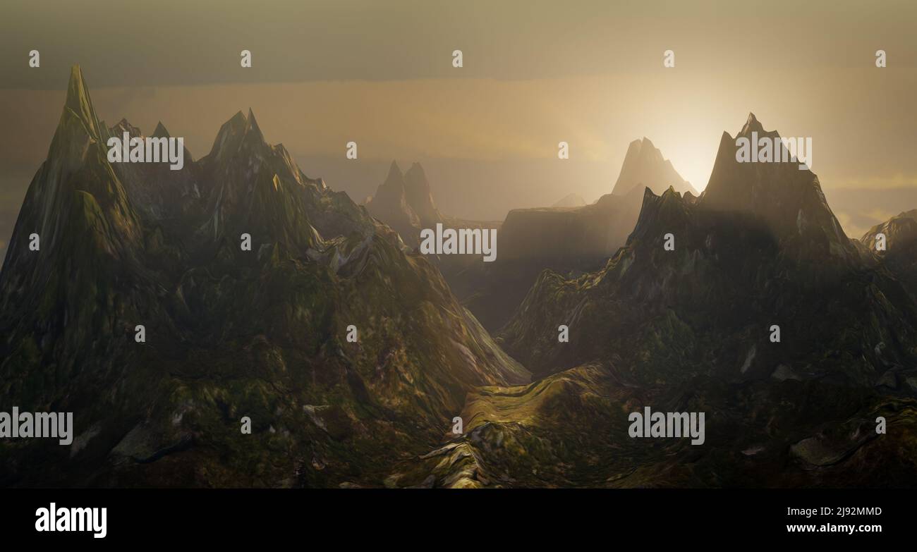 Fantasy mountain range with dramatic lighting and mysterious mist. 3d ...