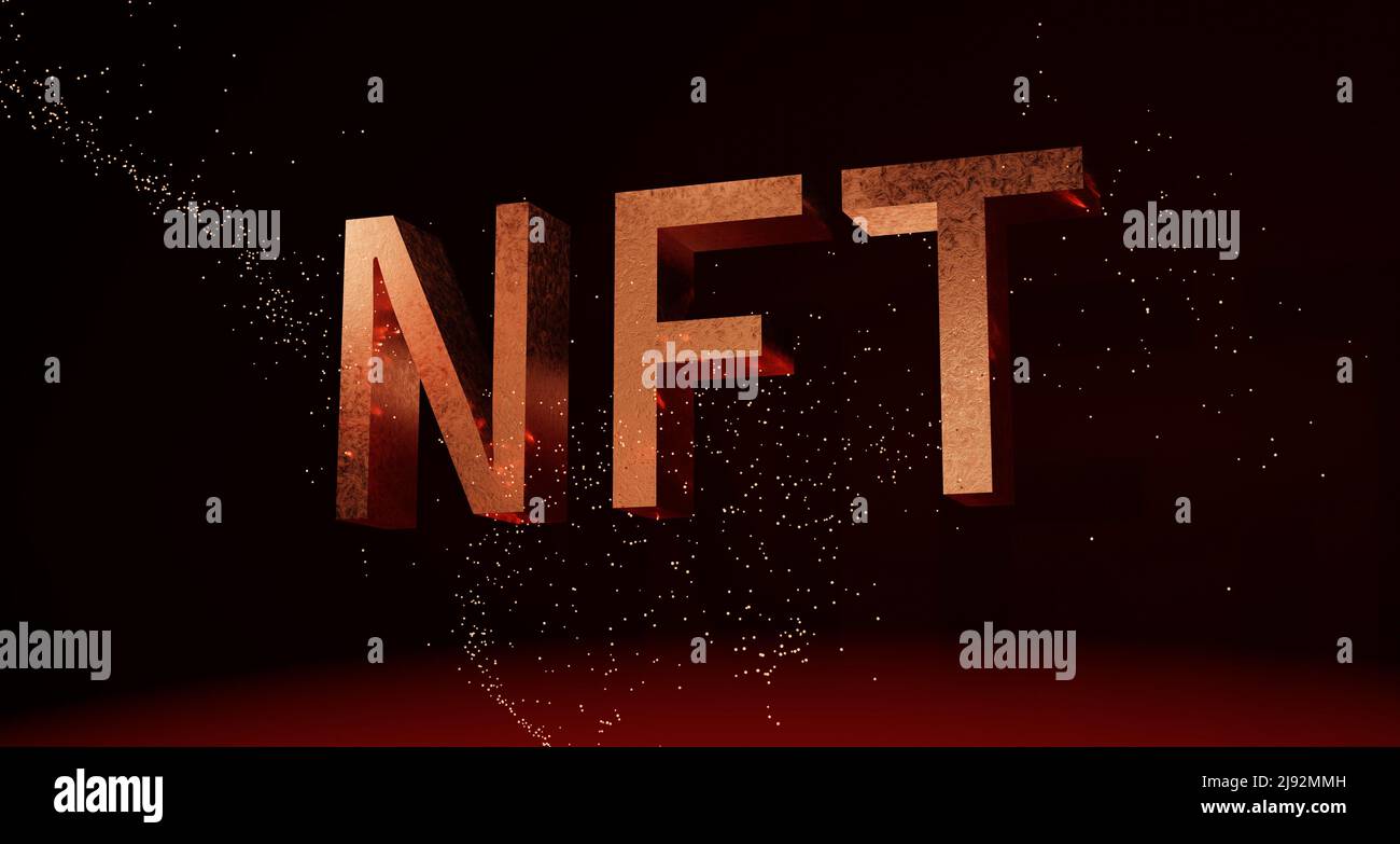 textured nft text with orange and red tones and floating sparks. 3d ...
